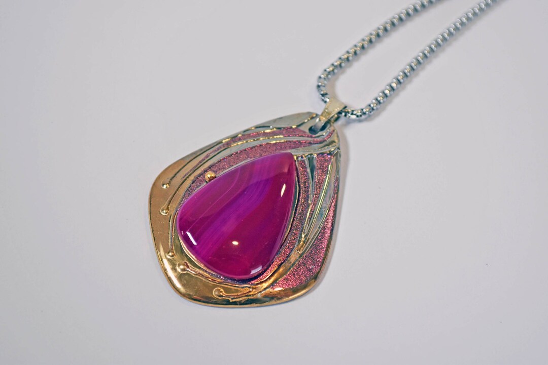 Bright Pink and Ruby Red Large Agate Pendant and Chain. Hand Made One ...