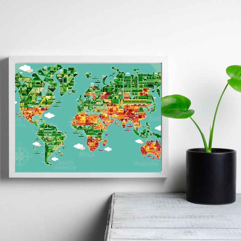 Cartoon World Map, Printable World Map, Wall Art Home & Office Decor ...