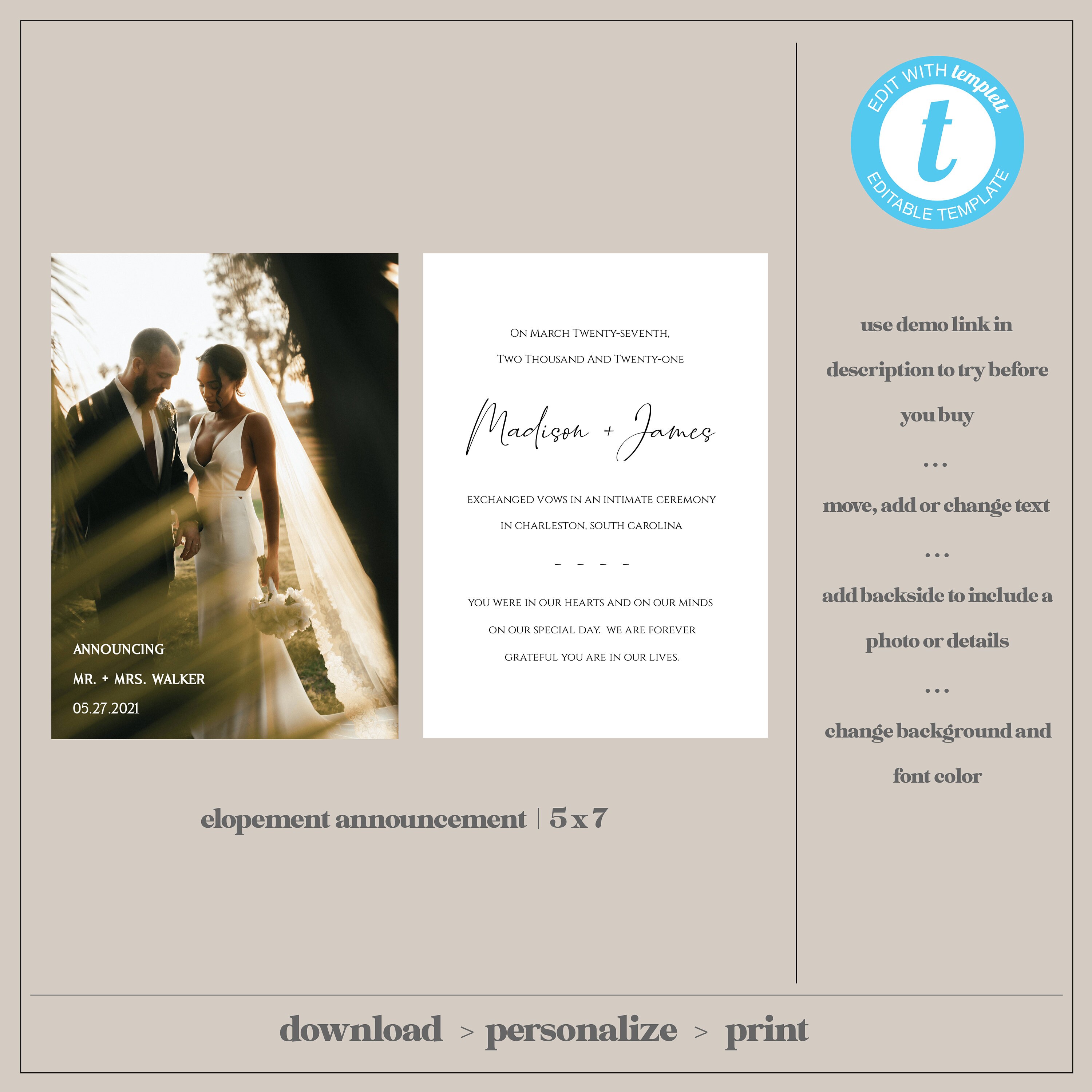 Elopement Announcement, INSTANT DOWNLOAD, Printable, 100% Editable Text ...