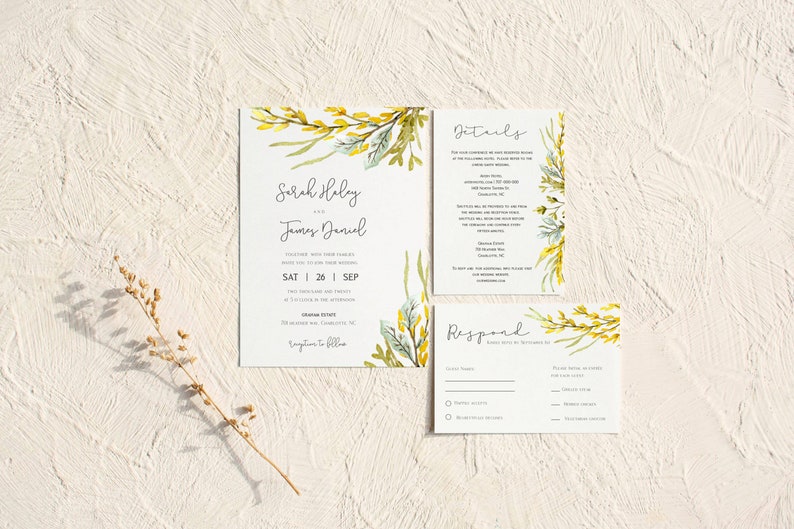 Yellow Floral Wedding Invitation Set Templates, INSTANT DOWNLOAD ...