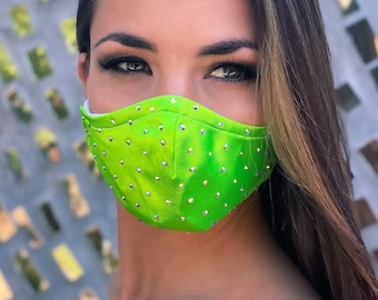 Handmade Rhinestone Face Mask- Neon Green & Black Zebra - Etsy