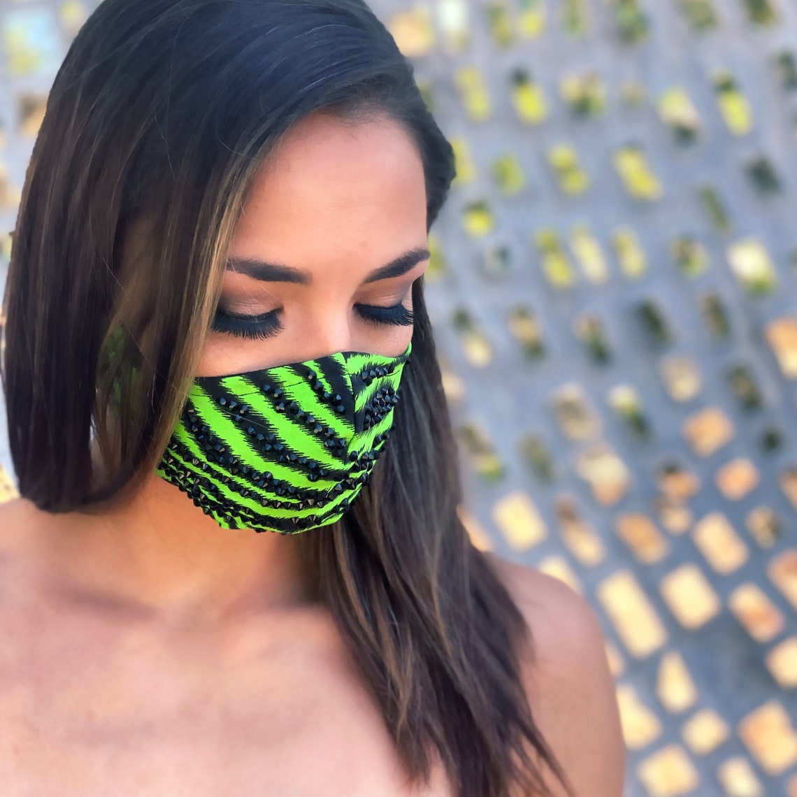 Handmade Rhinestone Face Mask- Neon Green & Black Zebra - Etsy