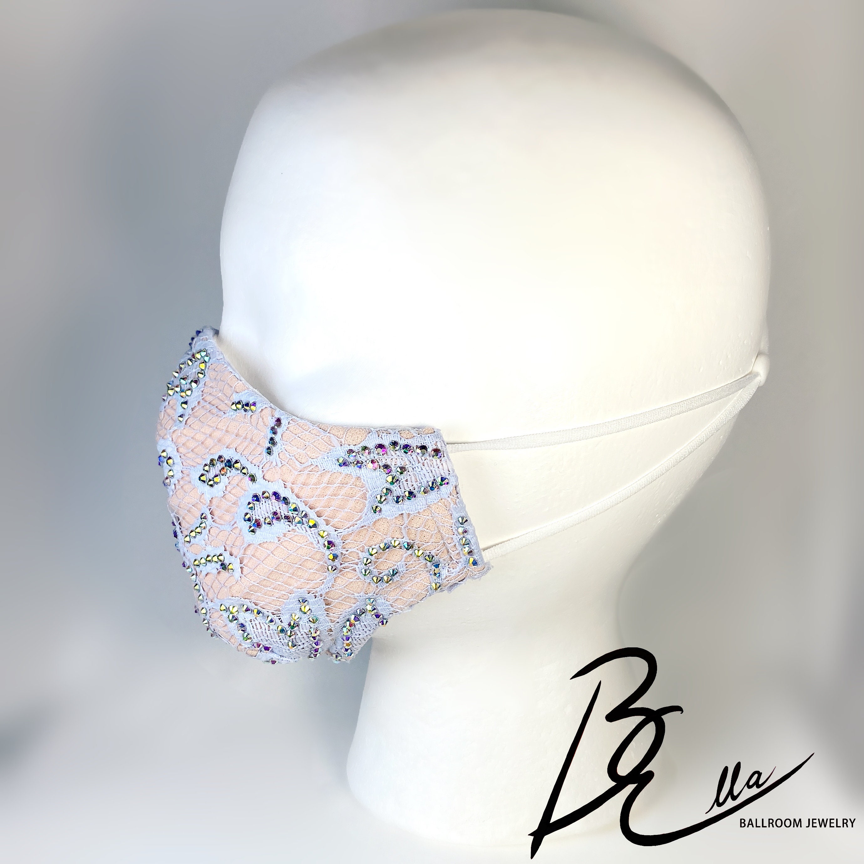 Handmade Rhinestone Lace Face Mask Beige & Light Blue | Etsy