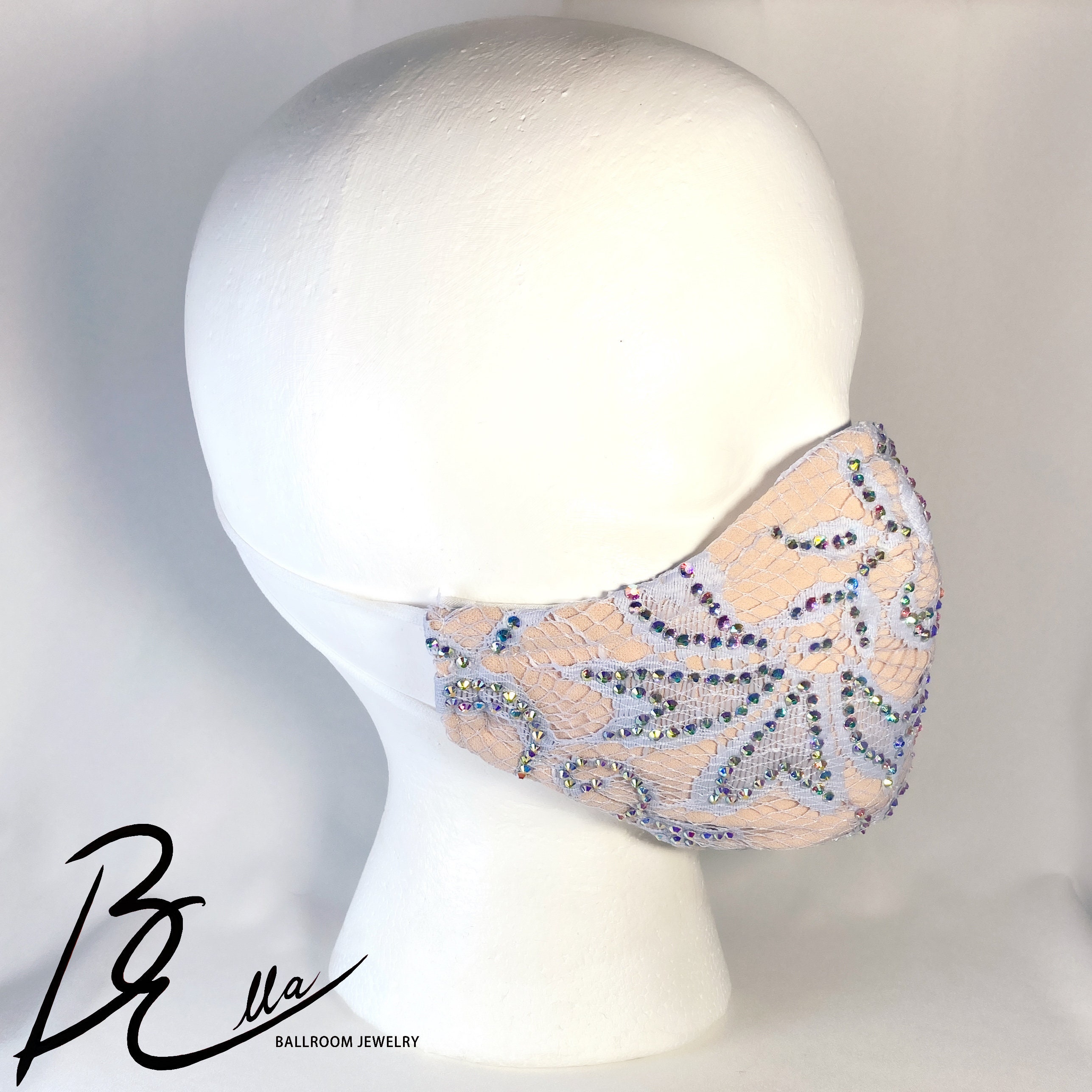 Handmade Rhinestone Lace Face Mask - Beige & Light Blue - Etsy