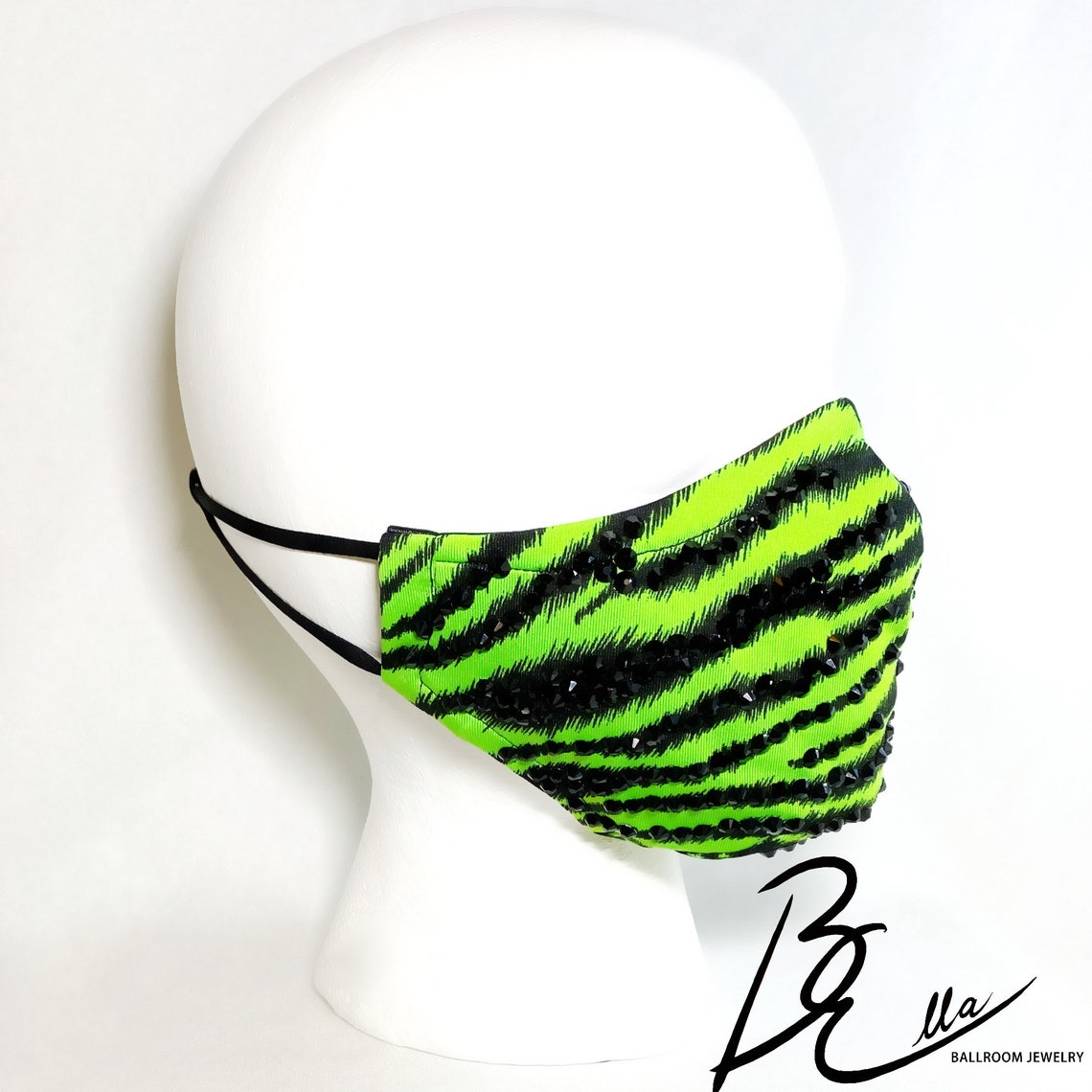 Handmade Rhinestone Face Mask- Neon Green & Black Zebra - Etsy