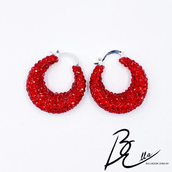 BellaBallroomJewelry Small Thick Ascending Rhinestone Hoop Earrings AB or Red