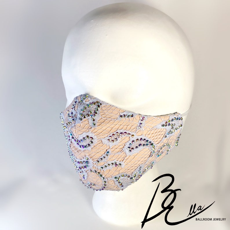 Handmade Rhinestone Lace Face Mask Beige & Light Blue - Etsy