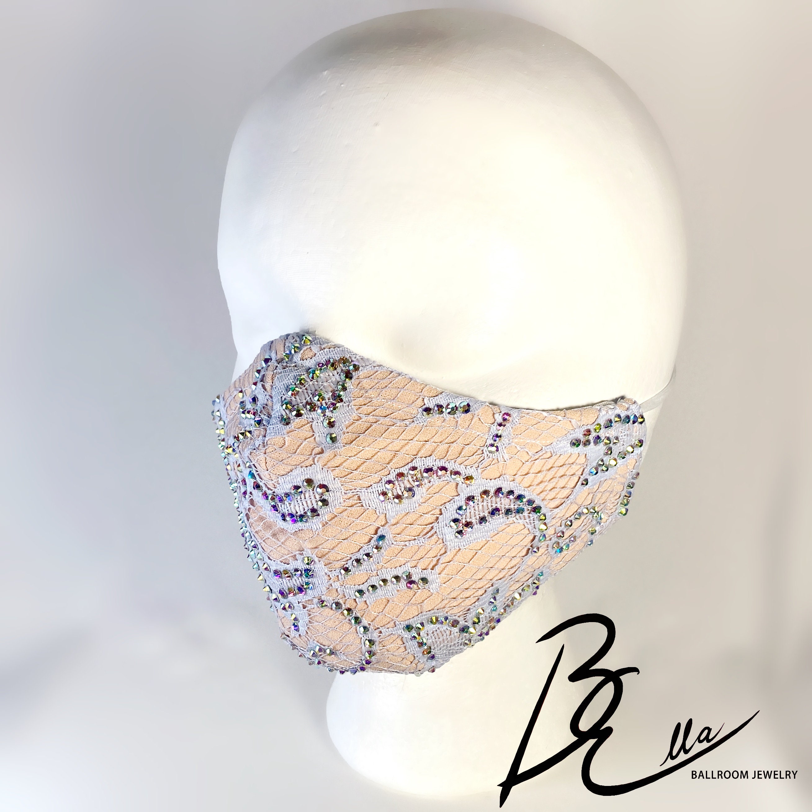 Handmade Rhinestone Lace Face Mask - Beige & Light Blue - Etsy
