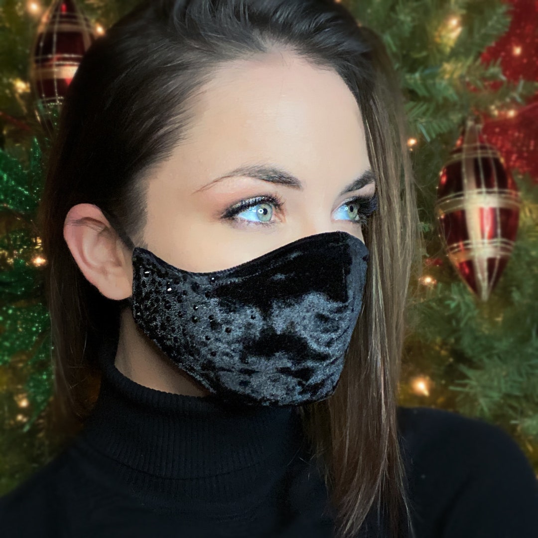 Handmade Rhinestone Face Mask- Black Crushed Velvet With Black ...