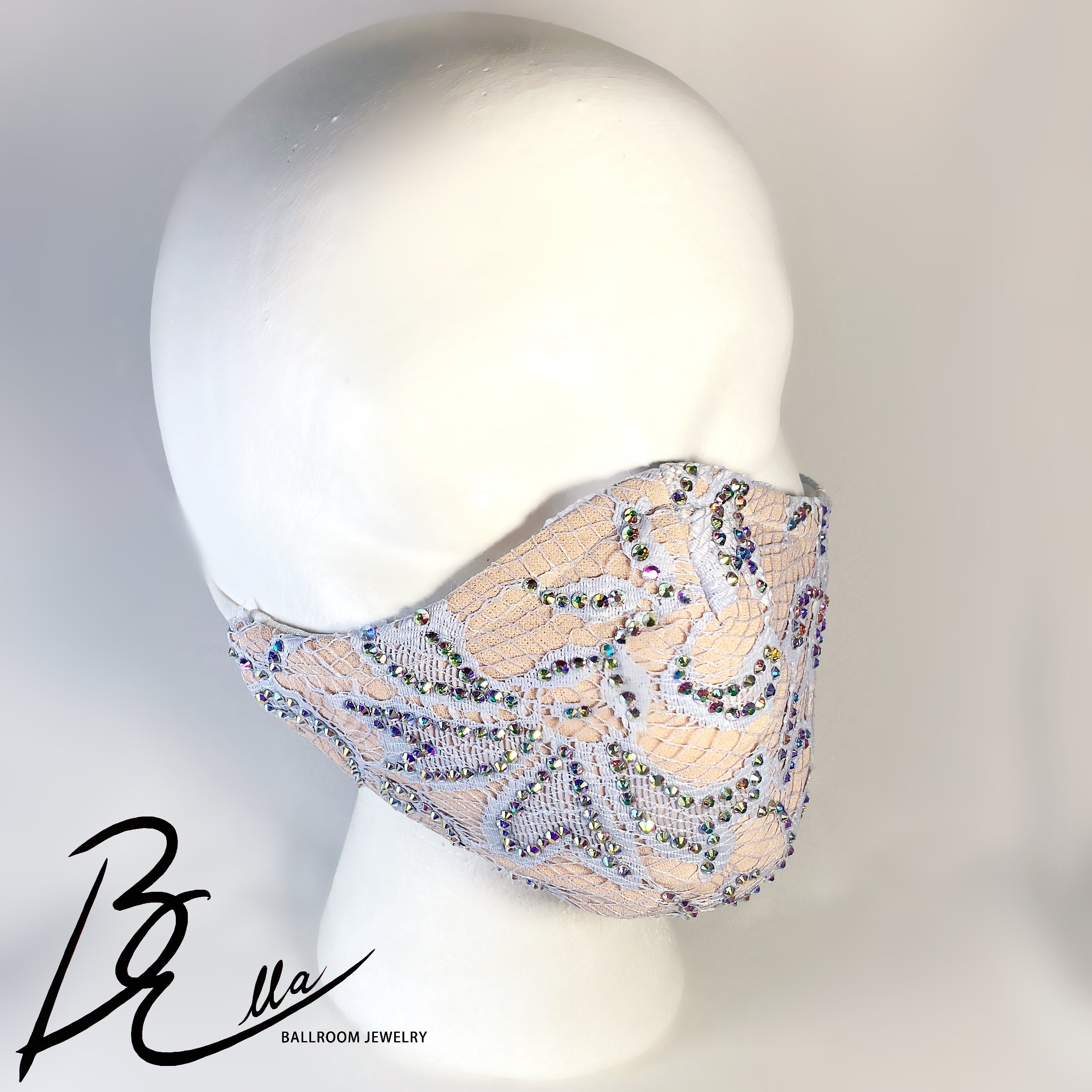 Handmade Rhinestone Lace Face Mask Beige & Light Blue - Etsy