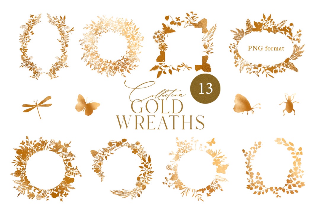 Golden Flower Floral Wreaths Clip Art, Metallic Gold Wedding Wreath Png ...