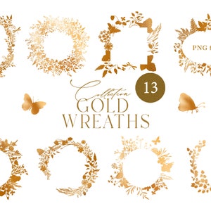 Golden Flower Floral Wreaths Clip Art, Metallic Gold Wedding Wreath Png ...