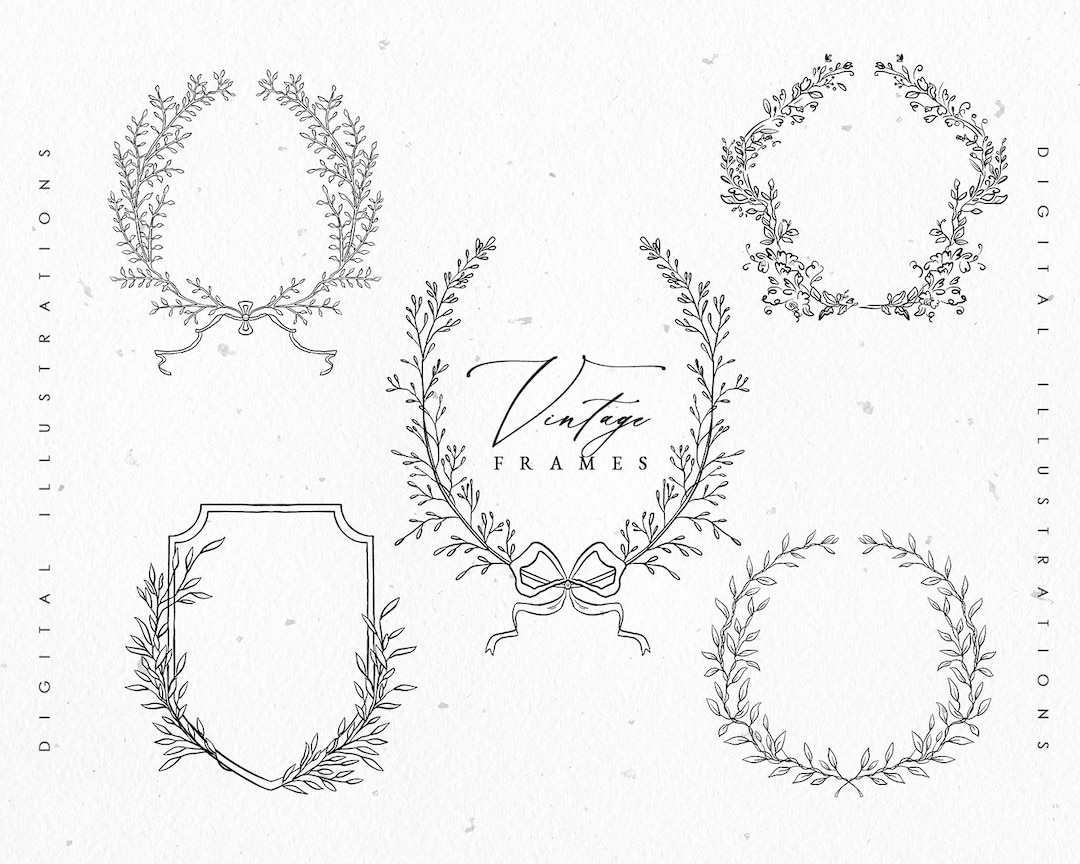 Vintage Crest Floral Vector Eps Frames Set Flower Wedding Wreath Line ...