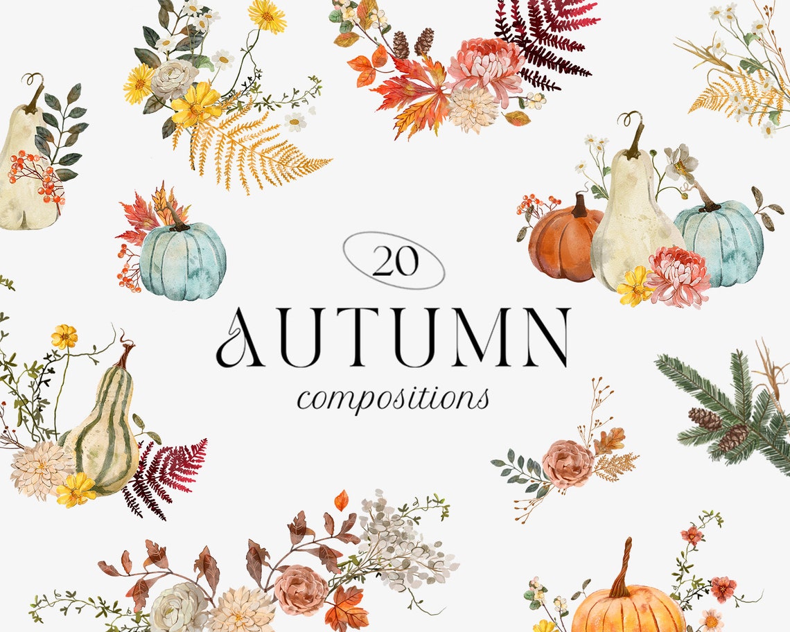 Watercolor Autumn Pumpkin Clipart, Fall Flowers Leaves, Fall Clipart ...