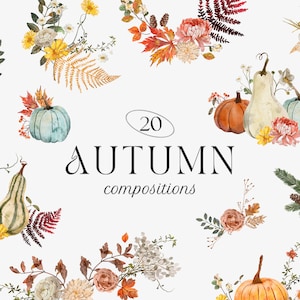 Watercolor Autumn Pumpkin Clipart, Fall Flowers Leaves, Fall Clipart ...