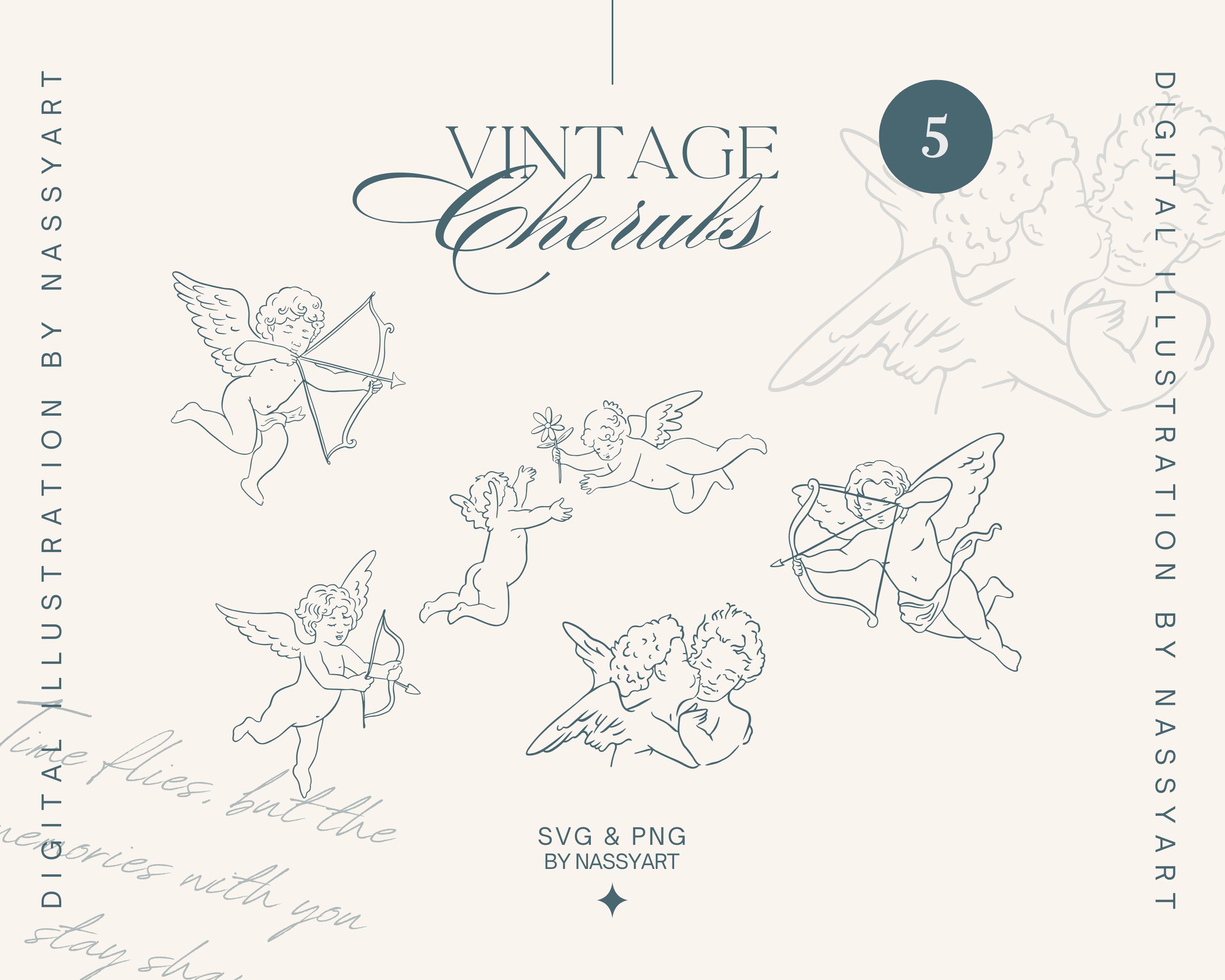 Vintage Line Art Cherub Angels SVG PNG Clipart - Hand Drawn Cupid Icon ...