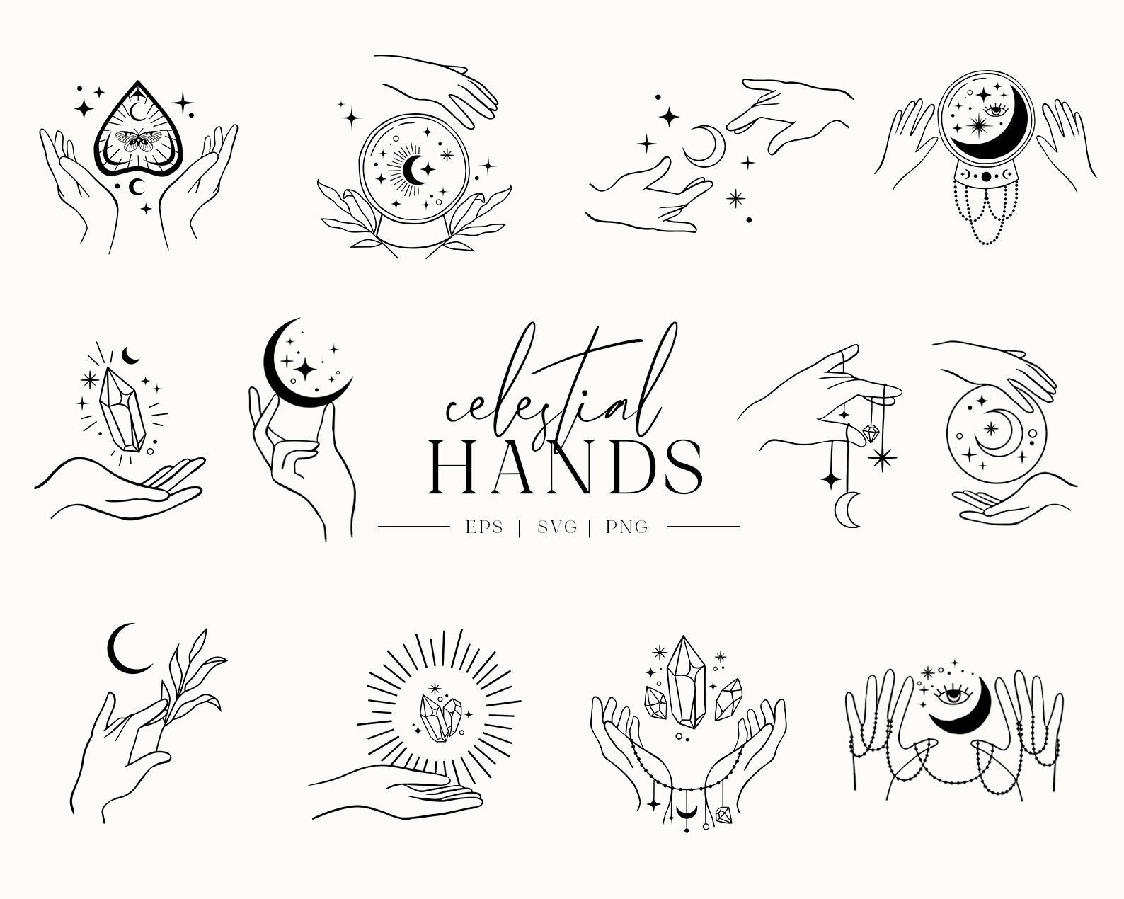 Celestial Hands Logo Clip Art, Magical Hands SVG, Crystal Lunar Star ...