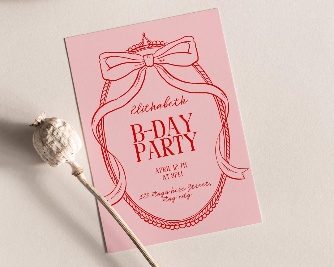 Whimsical Hand Draw Birthday Dinner Party Invitation, Coquette Ribbon ...