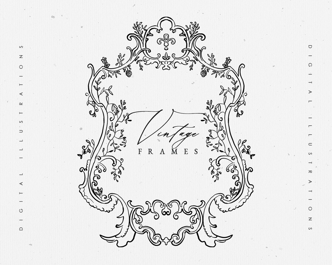 Floral Digital Line Art Frame SVG, Vintage Crest Frame EPS Invite ...
