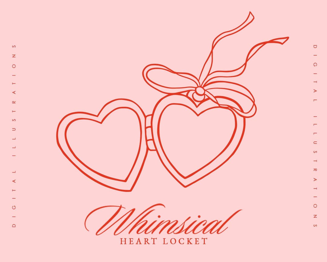 Whimsical Hand Drawn Heart Locket Clip Art SVG PNG - Ribbon Bow Love Locket Doodle Icon ...