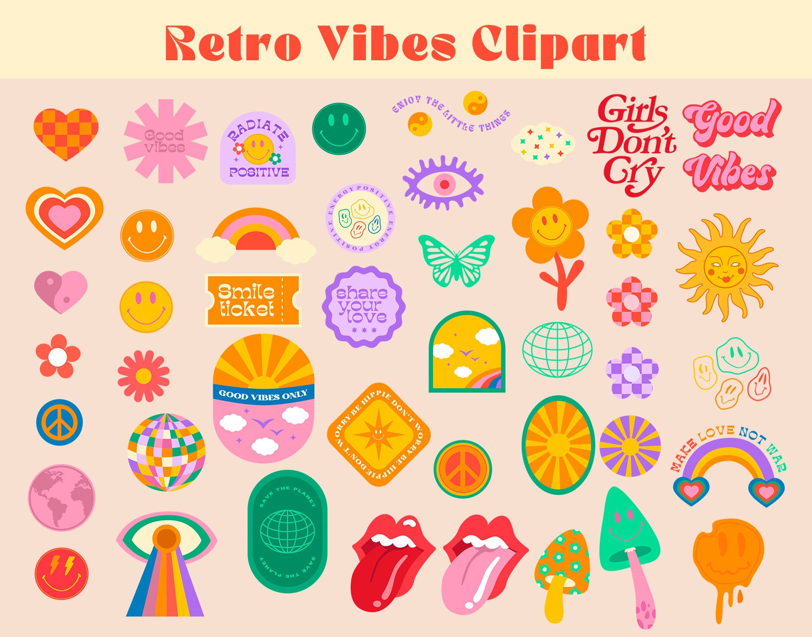 Retro Vibes Clipart Groovy Icons Good Vibes Only Happy Smile | Etsy
