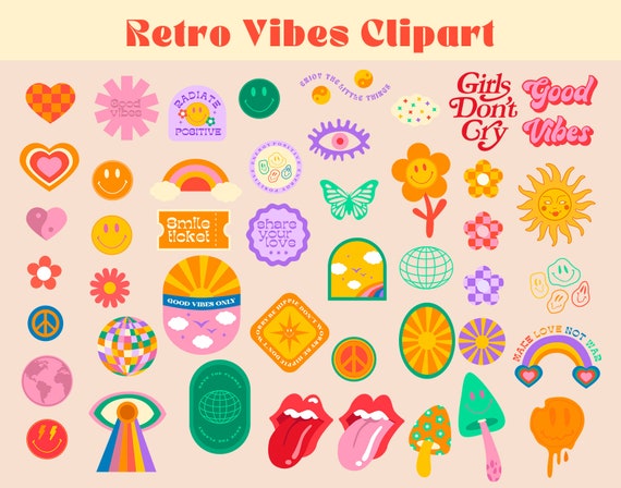 Retro Vibes Clipart Groovy Icons Good Vibes Only Happy Smile | Etsy
