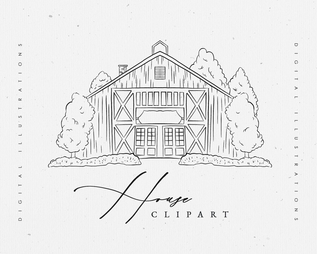 Cottage House Line Art - Farmhouse Wedding Clipart - Country Farm House ...