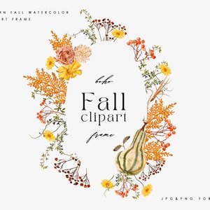 Fall Autumn Frame, Watercolor Boho Floral Frame, Floral Clipart, Autumn ...