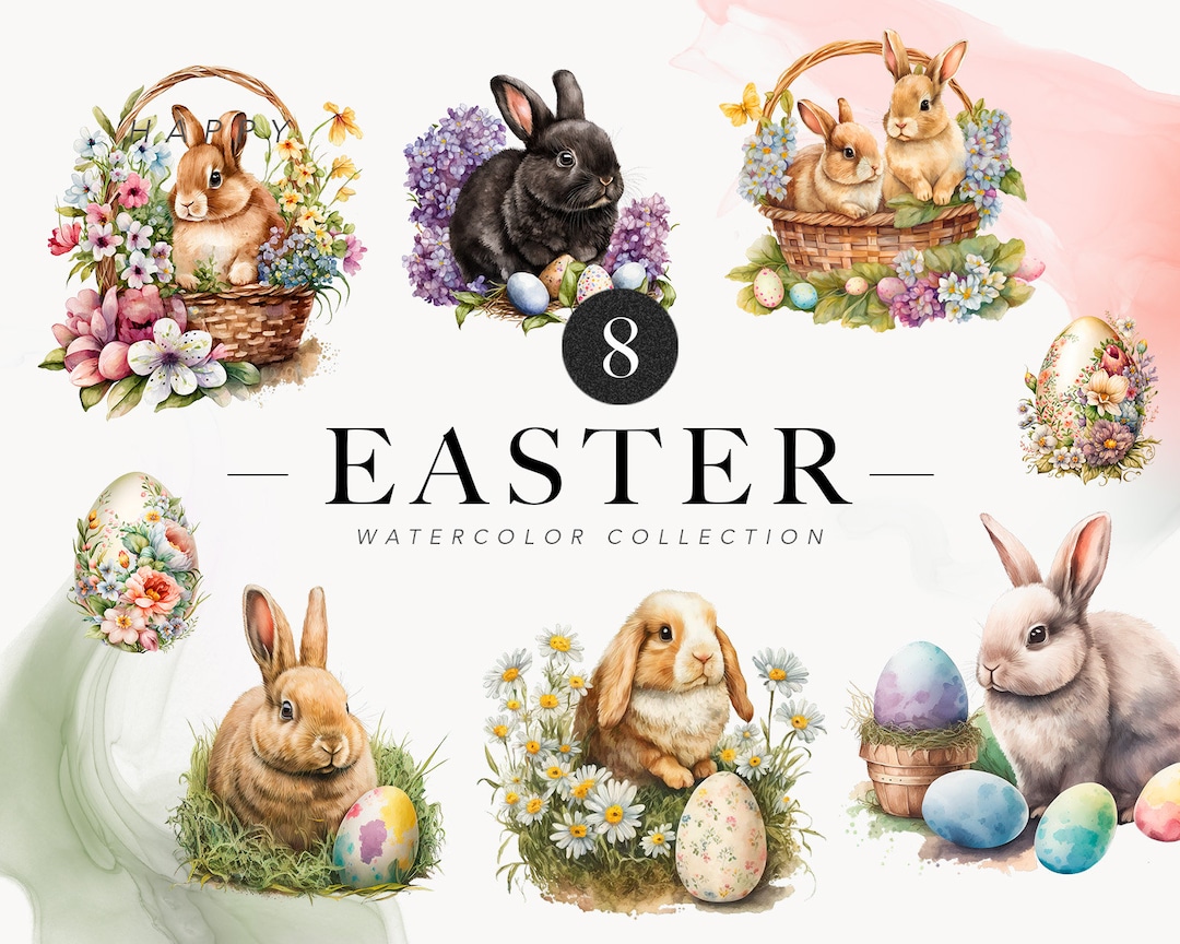 Easter Watercolor Bunnies Rabbits Clip Art, Easter Basket With Eggs ...