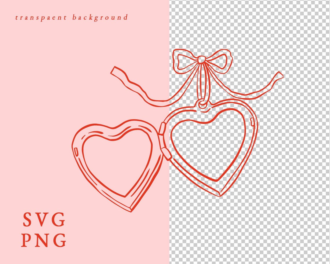 Hand Drawn Heart Locket Clip Art SVG - Ribbon Bow Love Locket PNG ...