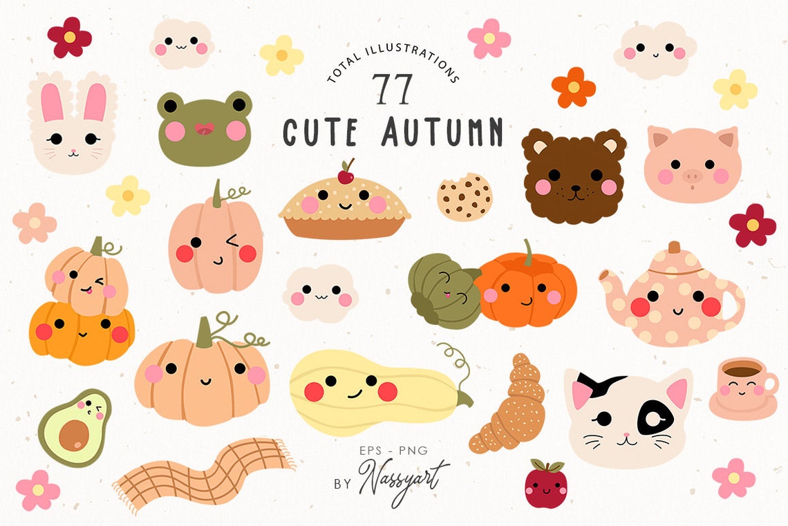 Autumn Clipart Kawaii Cozy Fall Postcard Set, Autumn Seamless Patterns ...