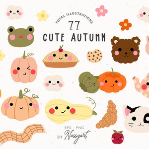 Autumn Clipart Kawaii Cozy Fall Postcard Set, Autumn Seamless Patterns ...