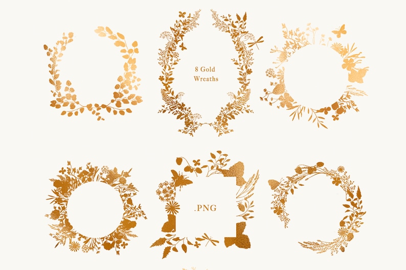 Golden Flower Floral Wreaths Clip Art Metallic Gold Wedding - Etsy