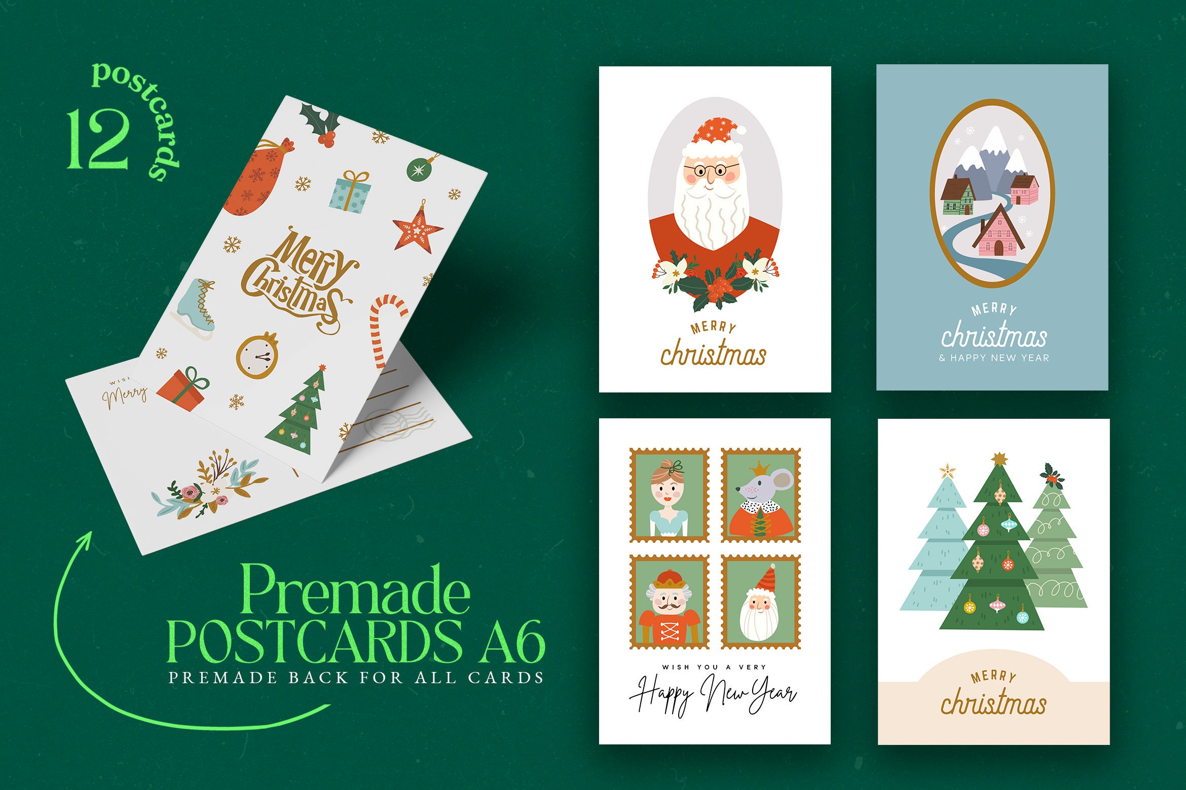 Christmas Happy New Year Cards, Christmas Card Set of 12 Different ...