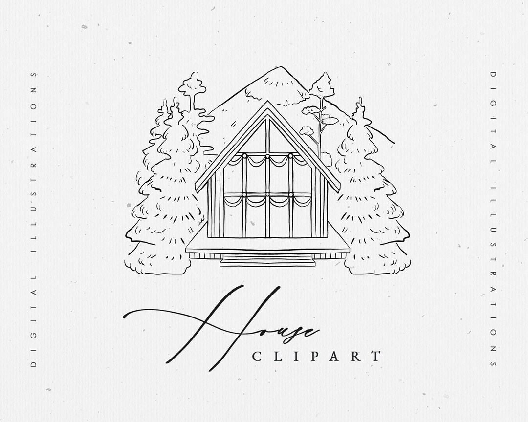 Cottage House Line Art - Farmhouse Wedding Clipart - Country Farm House ...