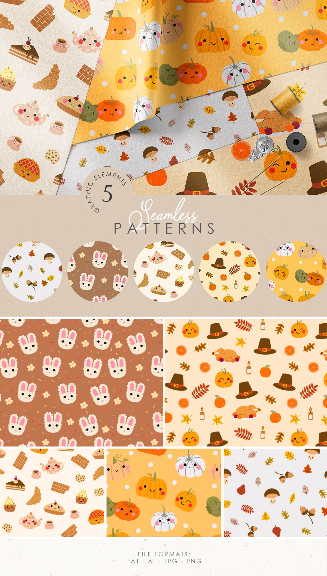 Autumn Clipart Kawaii Cozy Fall Postcard Set, Autumn Seamless Patterns ...
