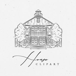 Cottage House Line Art - Farmhouse Wedding Clipart - Country Farm House ...