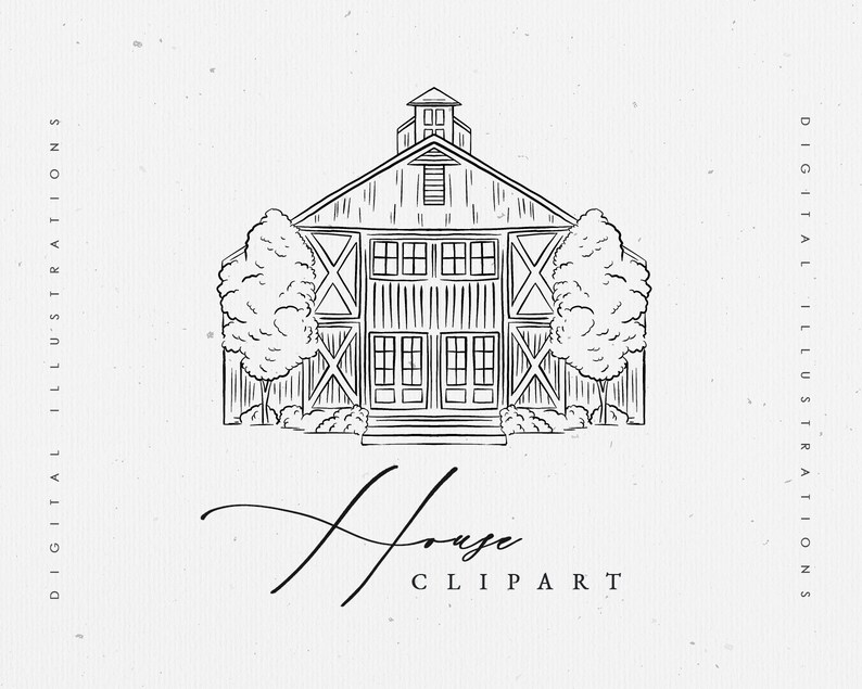 Cottage House Line Art - Farmhouse Wedding Clipart - Country Farm House ...