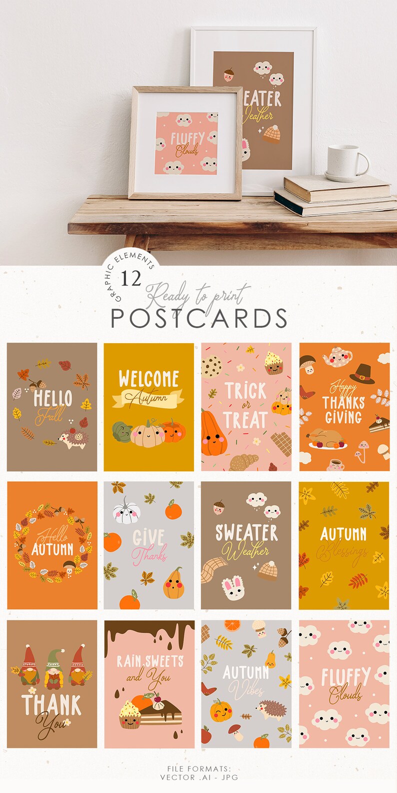 Autumn Clipart Kawaii Cozy Fall Postcard Set Autumn Seamless - Etsy