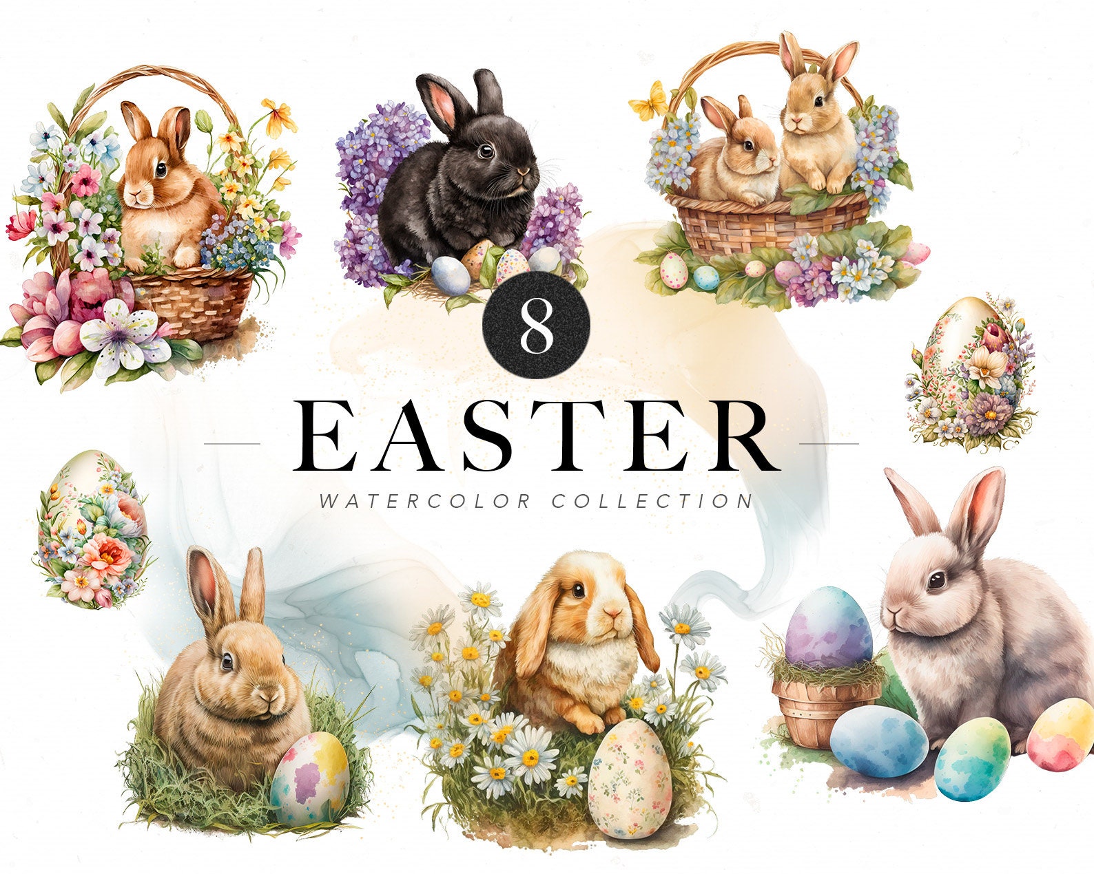 Easter Watercolor Bunnies Rabbits Clip Art Easter Basket With - Etsy