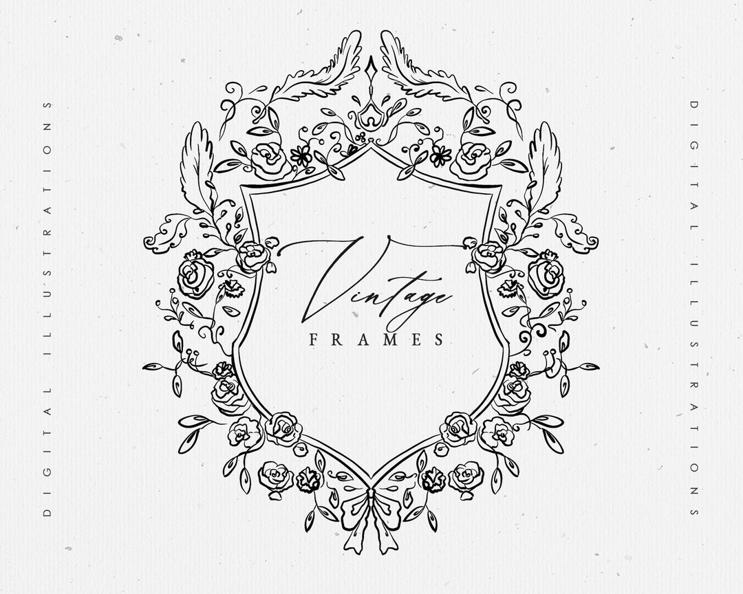 Wedding Floral Line Art Frame SVG, Vintage Baroque Crest Frame EPS ...