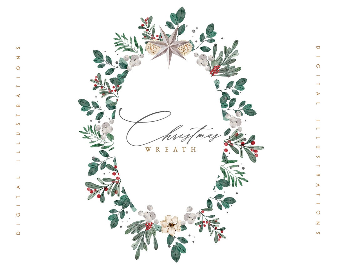 Watercolor Winter Wreath Clipart - Watercolor Christmas Oval Wreath ...