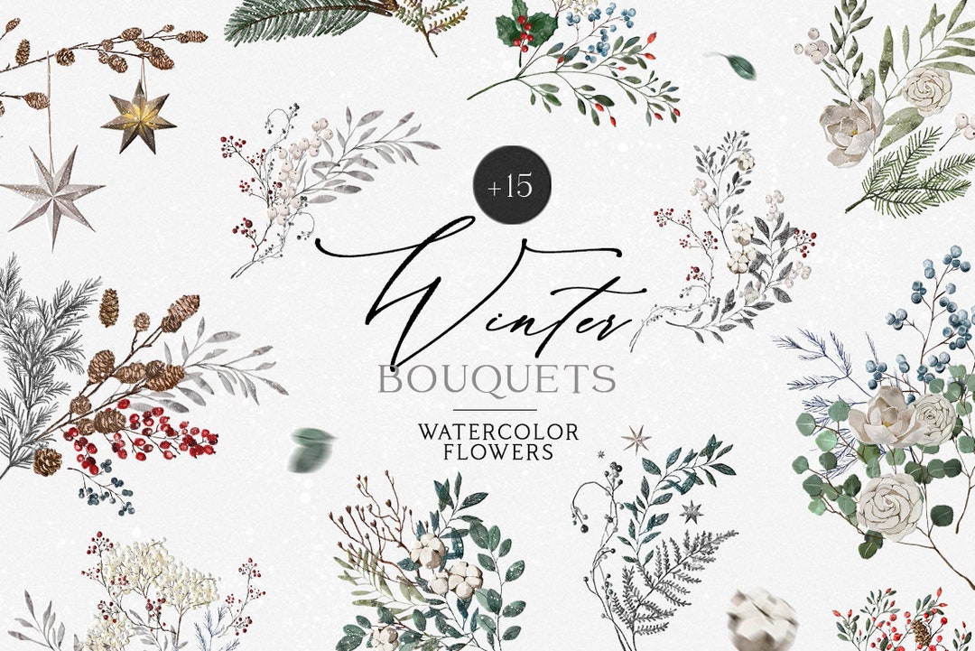 Christmas Watercolor Bouquets Clipart - Winter Greenery - Christmas ...