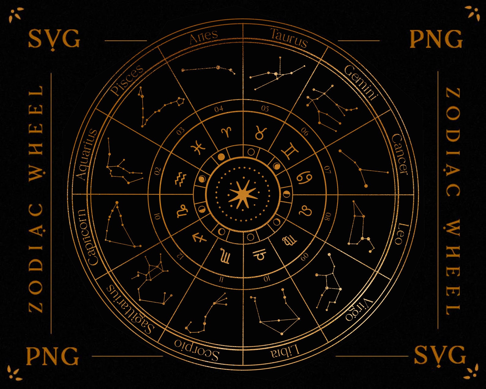 Zodiac Wheel SVG Astronomy Constellations Clipart, Zodiac Sign SVG ...