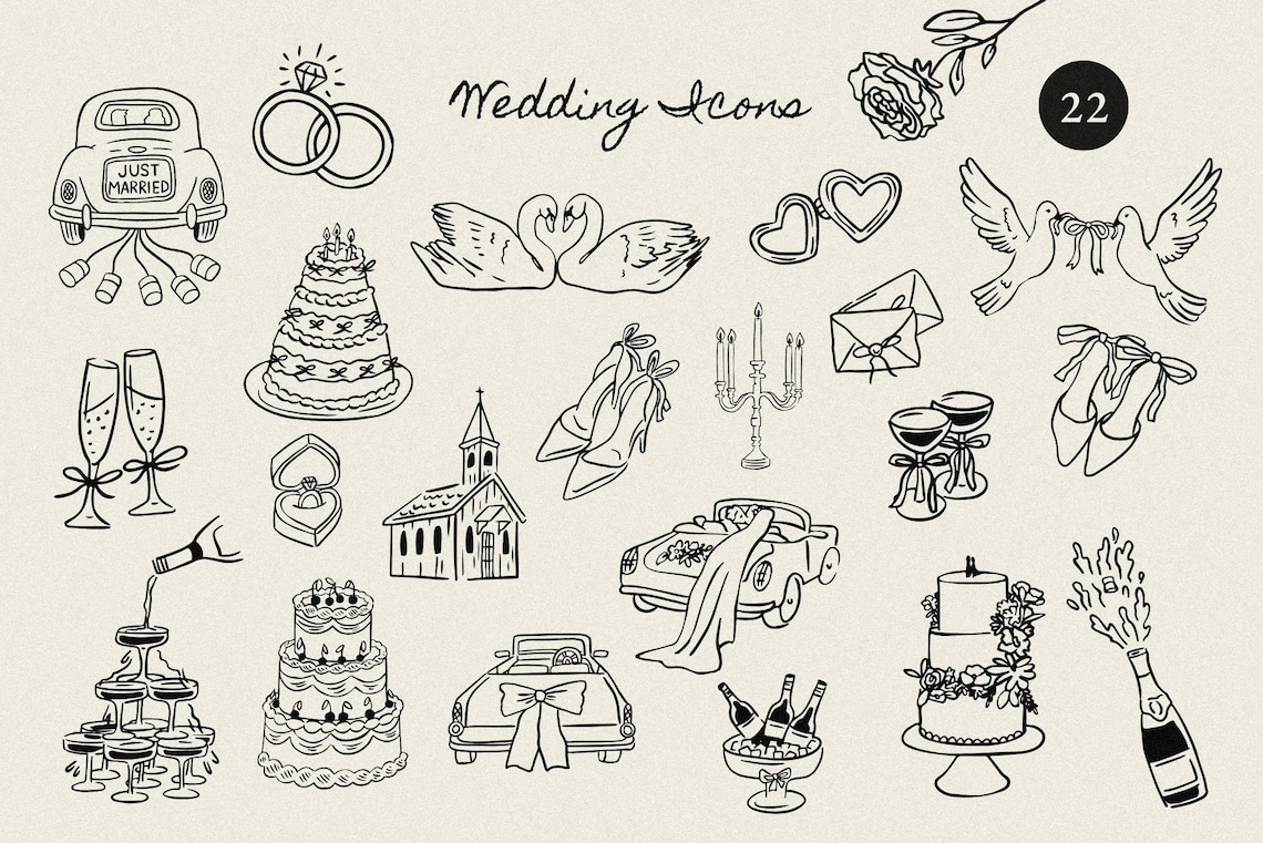 Whimsical Wedding Hand Drawn Illustrations SVG PNG, Wedding Doodles ...