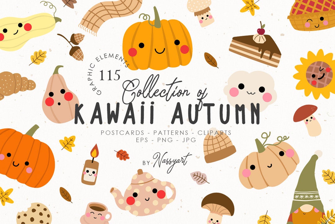 Autumn Clipart Kawaii Cozy Fall Postcard Set, Autumn Seamless Patterns ...
