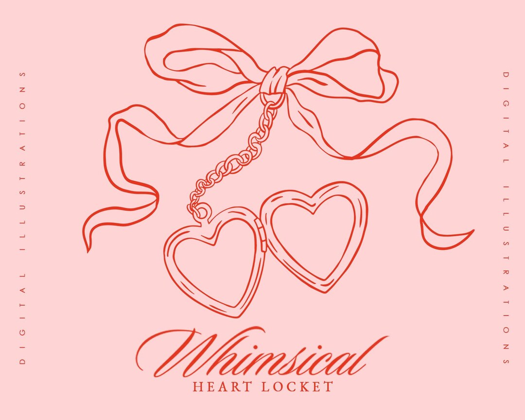 Whimsical Hand Drawn Heart Locket Clip Art SVG PNG - Ribbon Bow Love ...