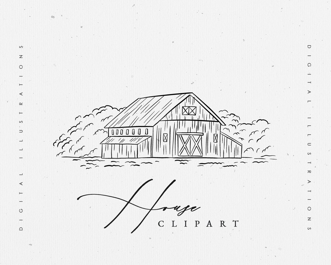 Cottage House Line Art - Farmhouse Wedding Clipart - Country Farm House ...