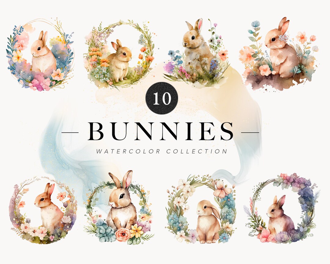 Watercolor Bunnies Rabbits Clipart Bundle - 10 Easter Watercolor ...