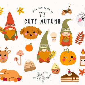 Autumn Clipart Kawaii Cozy Fall Postcard Set, Autumn Seamless Patterns ...